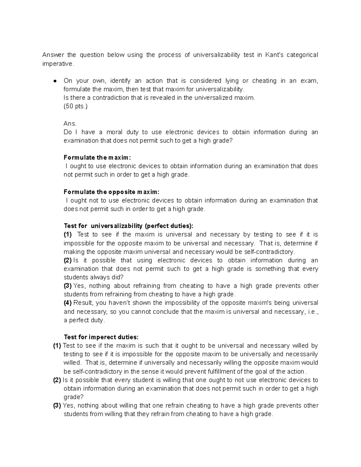 Deontology Universalizability test - Answer the question below using ...