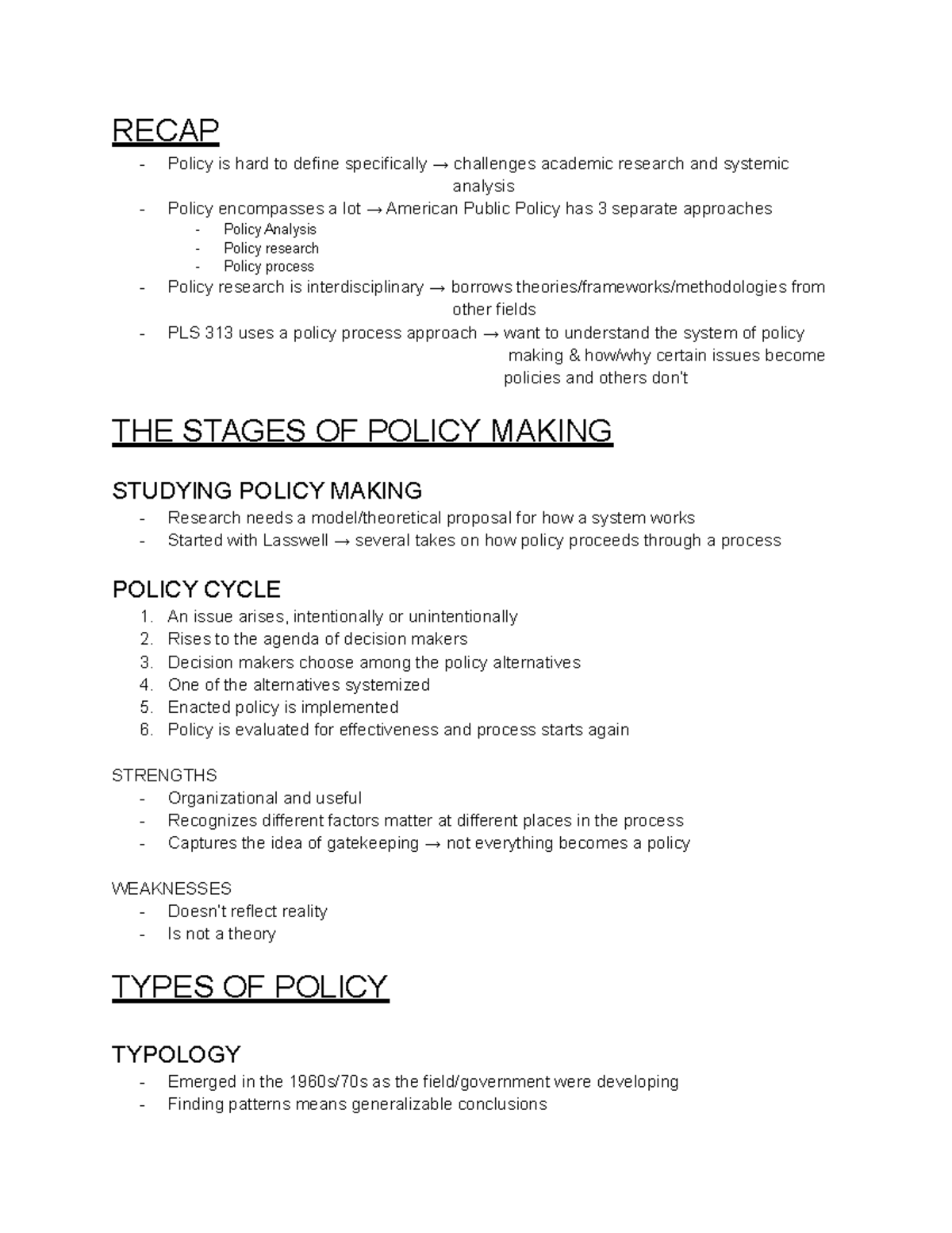 Policy Cycle Stages Model and Policy Typology Notes - RECAP Policy is ...