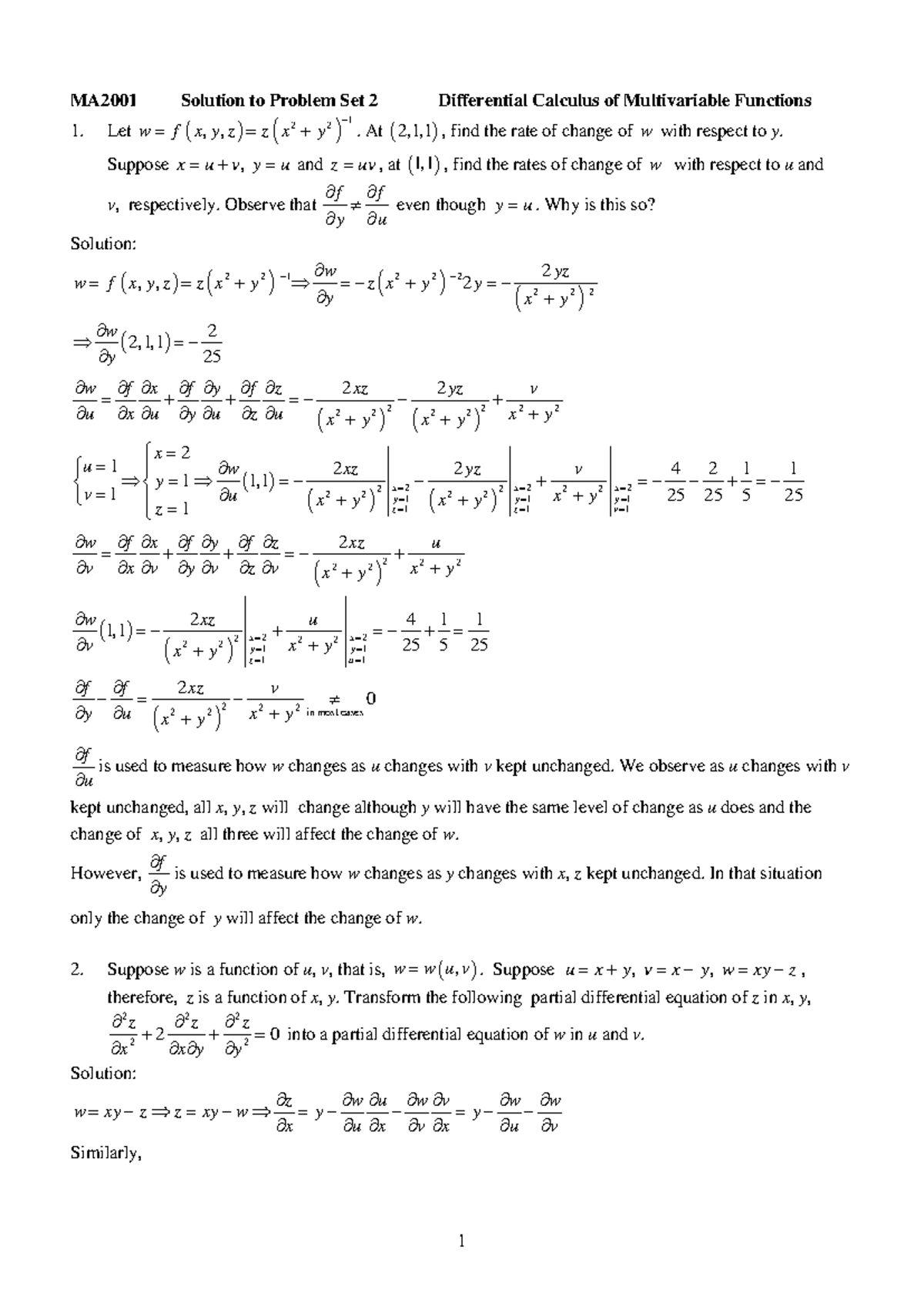 MA2001 PS2 Multivarible Functions Sol - MA 2001 Solution to Problem Set 2 Differential Calculus ...