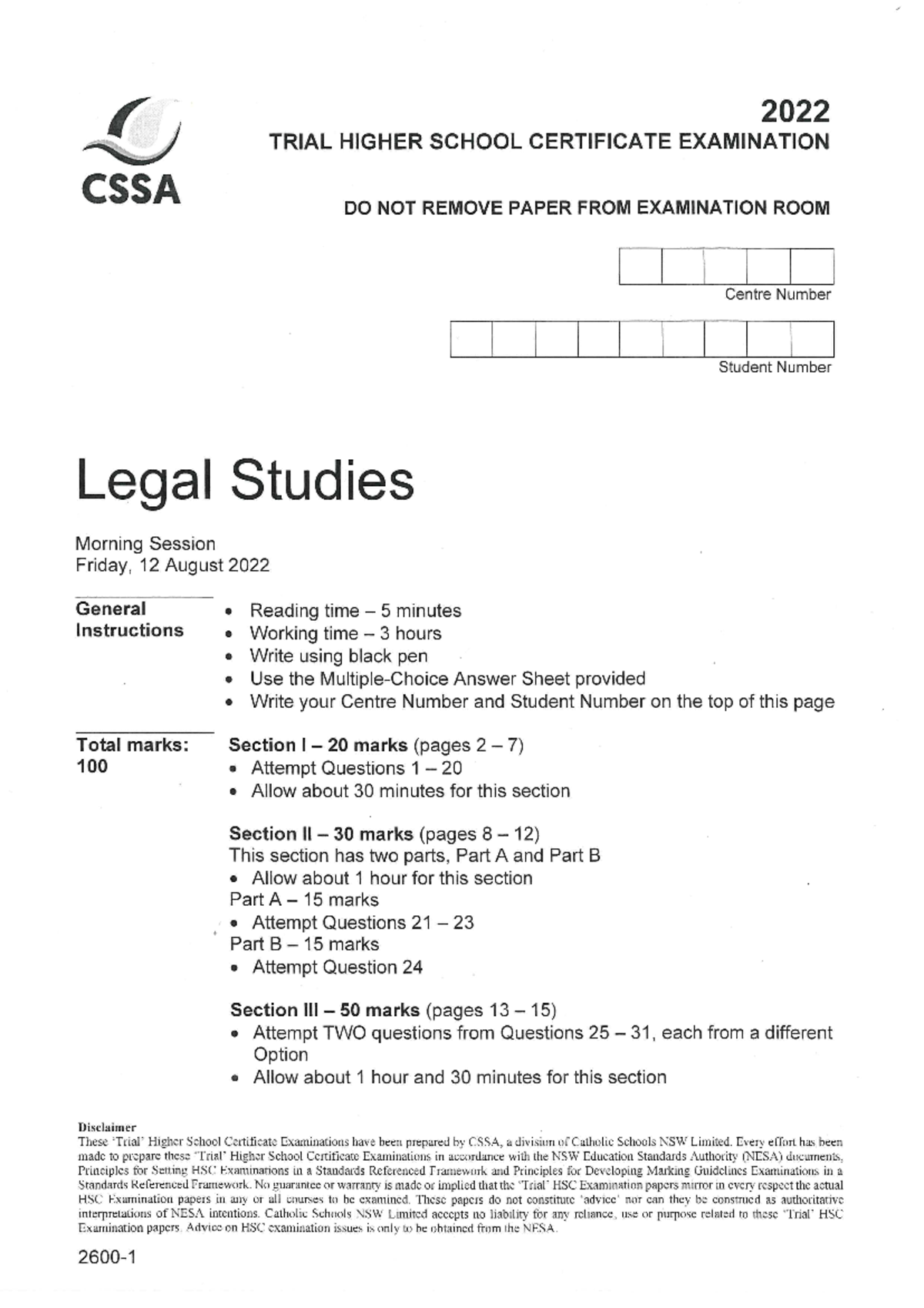 2022 CSSA Trial LS - nbhbkj - 2022 TRIAL HIGHER SCHOOL CERTIFICATE EXAMINATION CSSA DO NOT ...