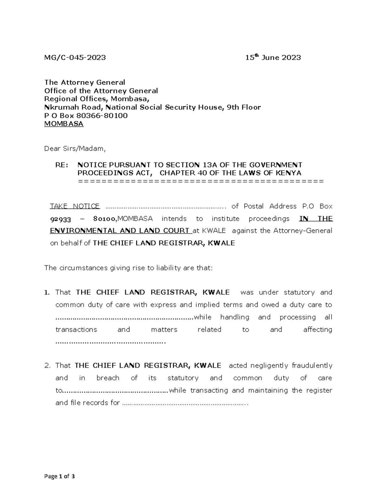 Statutory Notice-AG-Copy - MG/C-045-2023 15 th June 2023 The Attorney ...
