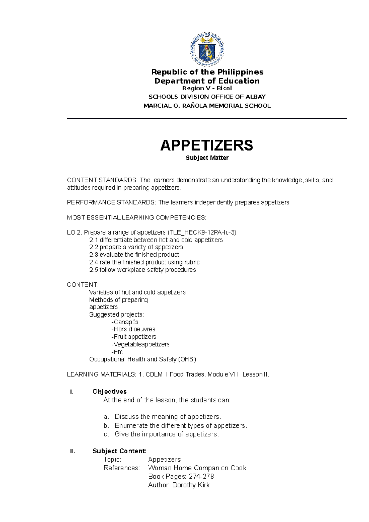 Appetizers detailed lesson plan ivanjudepaloyo - Republic of the ...