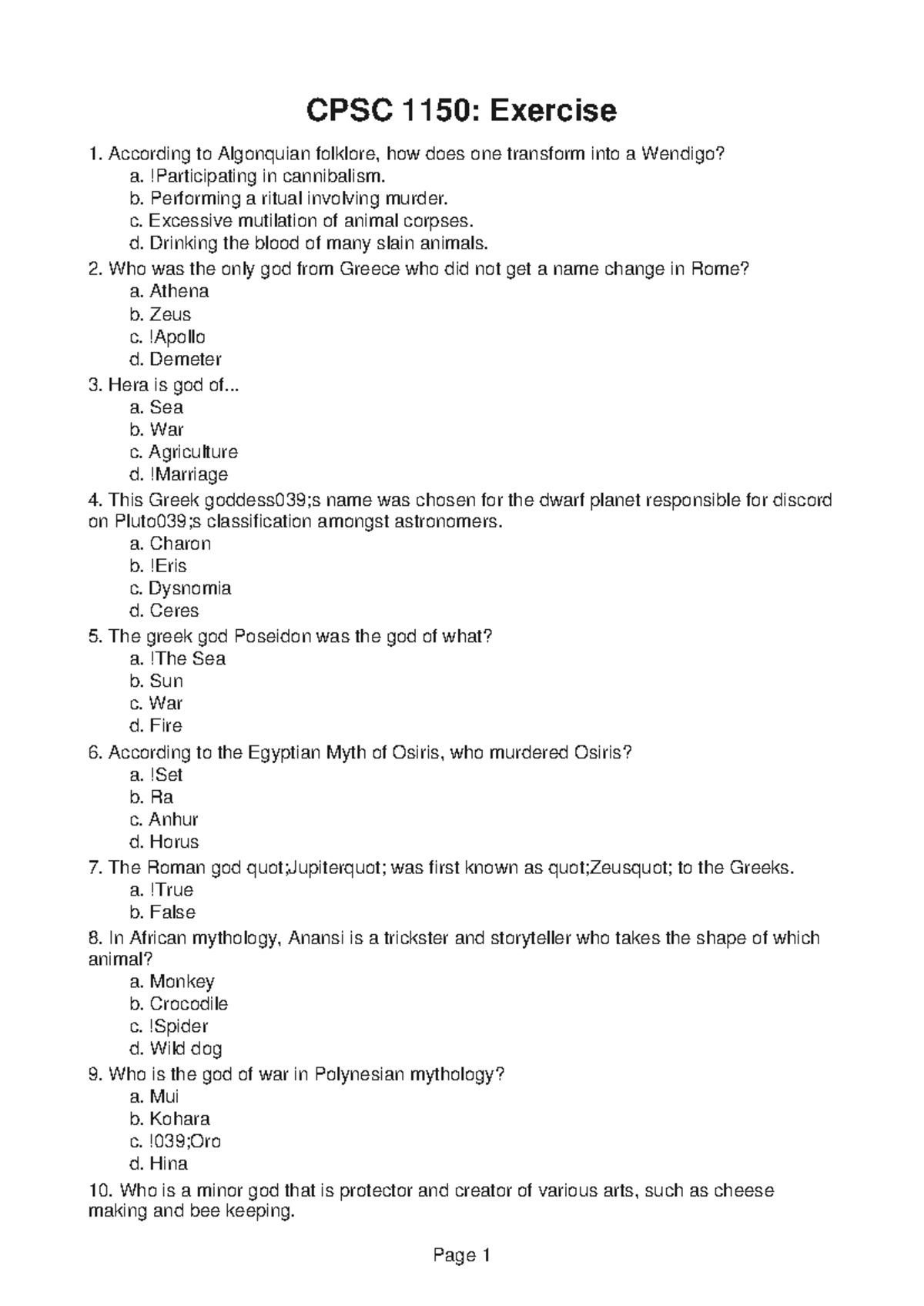 CPSC 1150-Review-6 - CPSC 1150-Review-6 - CPSC 1150: Exercise According to Algonquian folklore ...