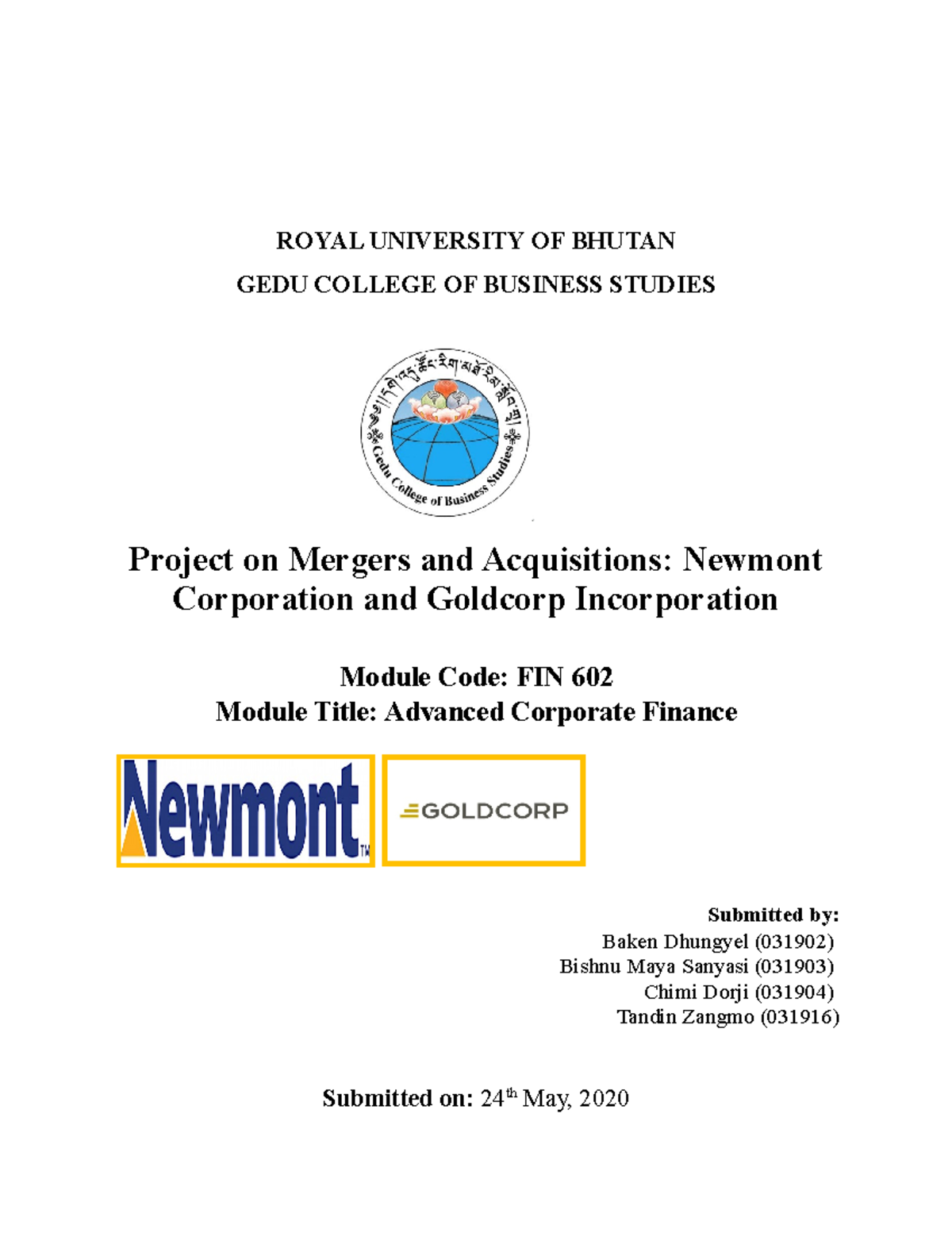 M & A Group Project - ROYAL UNIVERSITY OF BHUTAN GEDU COLLEGE OF ...