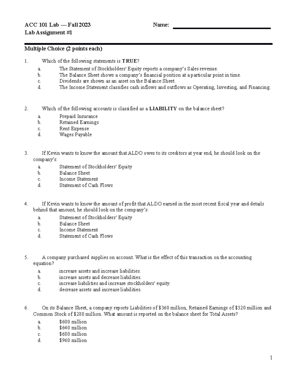 Lab 1 fall 2023 - !DSJ - ACC 101 Lab — Fall 2023 Name: Lab Assignment ...