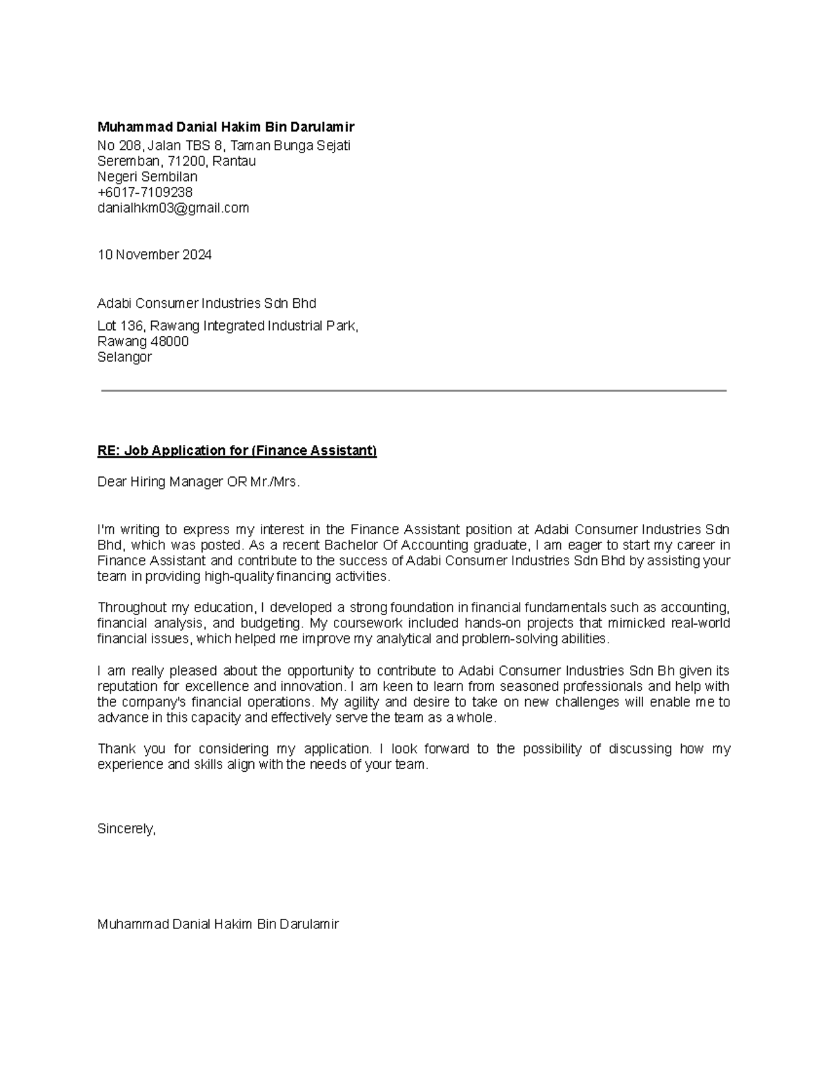 Cover Letter MGT - Muhammad Danial Hakim Bin Darulamir No 208, Jalan ...