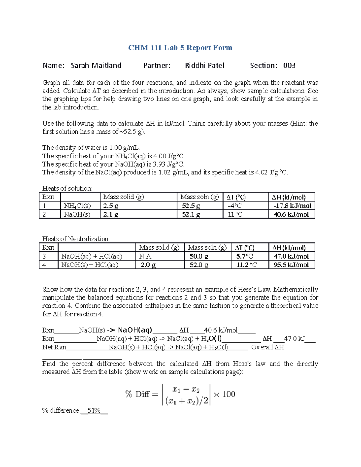 111Lab5F17RF - Lab 5 - CHM 111 Lab 5 Report Form Name: Sarah Maitland ...