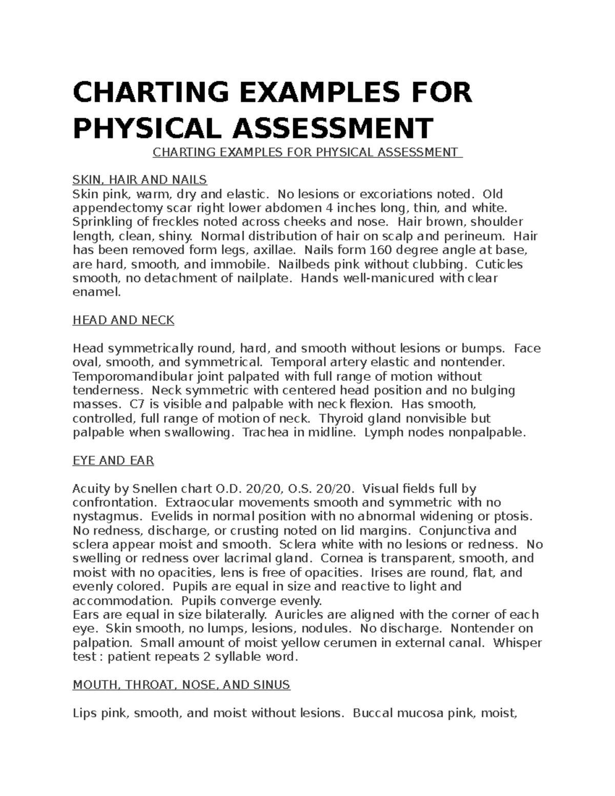 Charting Examples FOR Physical CHARTING EXAMPLES FOR PHYSICAL