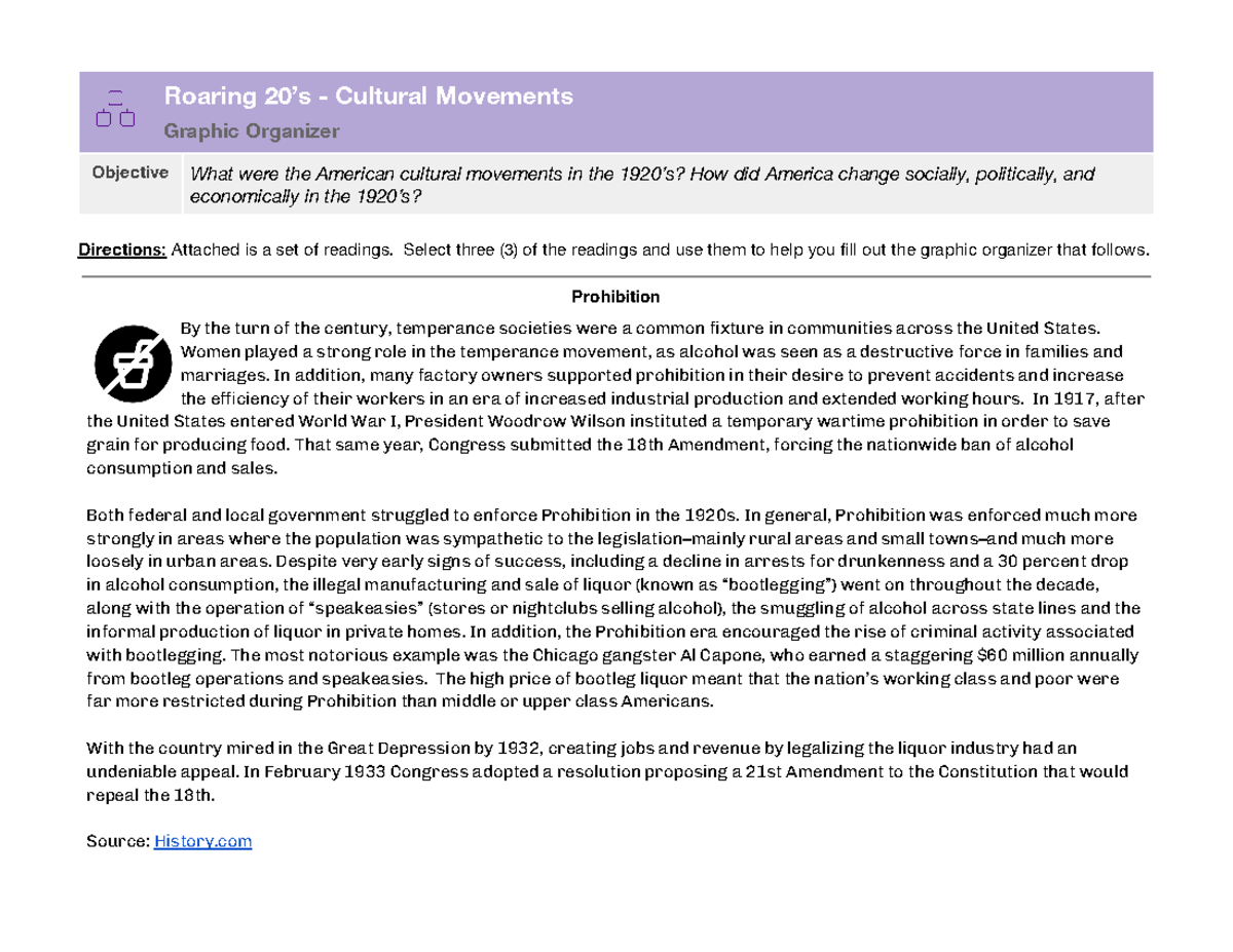 English) Graphic Organizer Roaring 20’s Cultural Movements - Roaring 20 ...