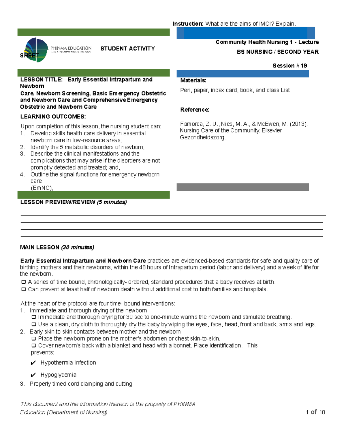 Chn 19 - chn lecture notes - STUDENT ACTIVITY SHEET LESSON TITLE: Early ...
