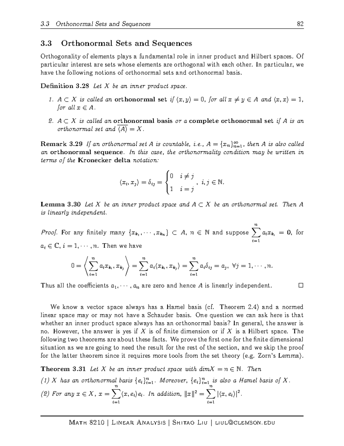 Section 3 Math8210 Lecture Notes 3 Orthonormal Sets And Sequences Orthogonality Of Elements