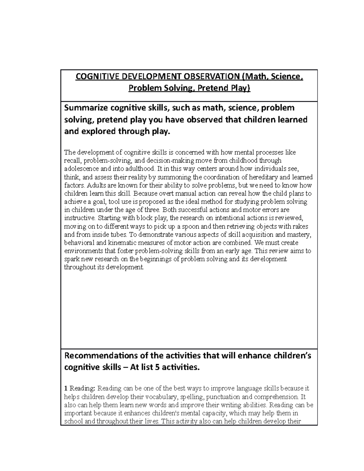 Cognitive Development Observation - COGNITIVE DEVELOPMENT OBSERVATION ...