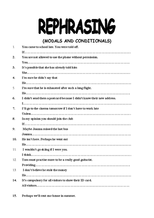 Rephrasing Exercises Exercices de Reform - REPHRASING EXERCISES - EXERCICES DE TRADUCTION - Studocu