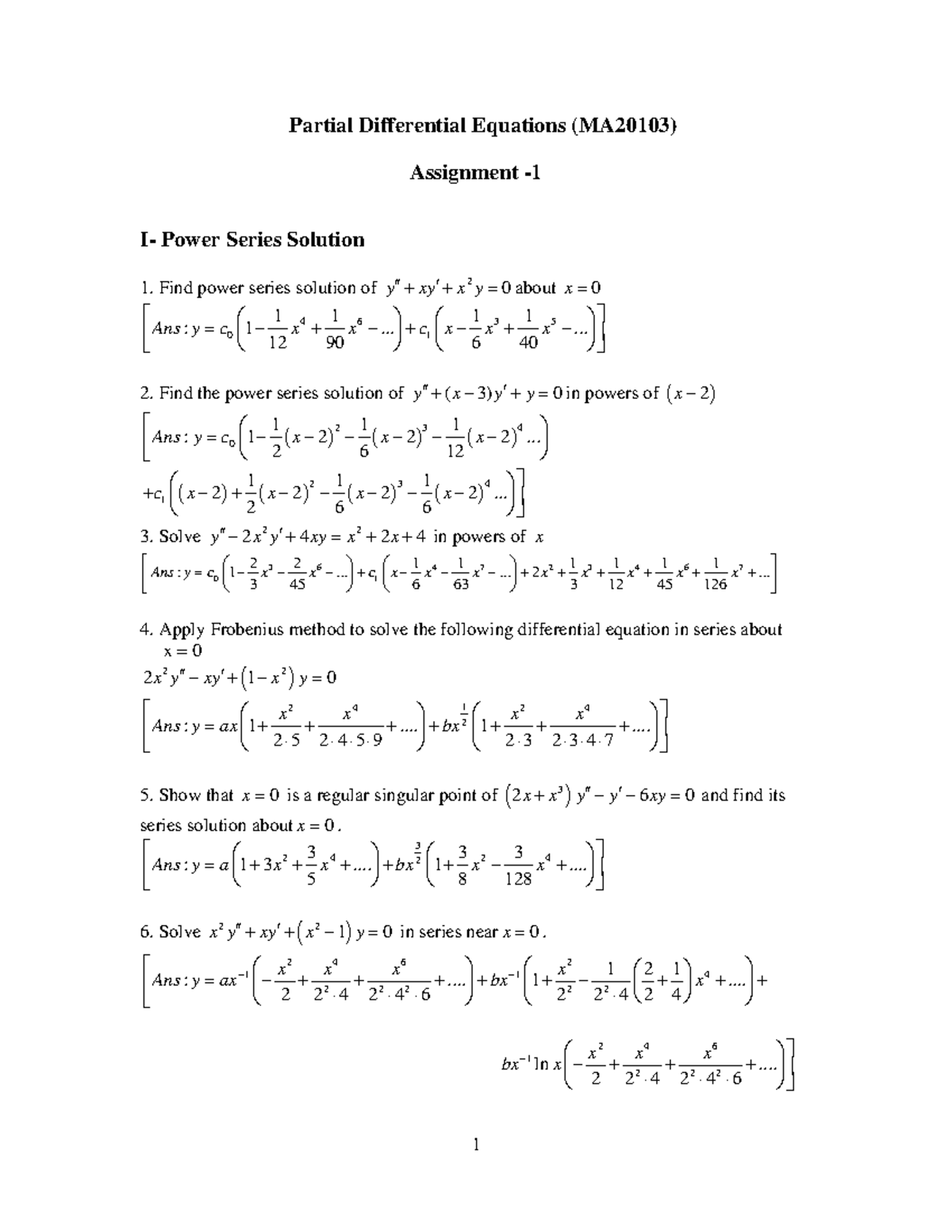 Assignment 1 - 1 Partial Differential Equations (MA20103) Assignment ...