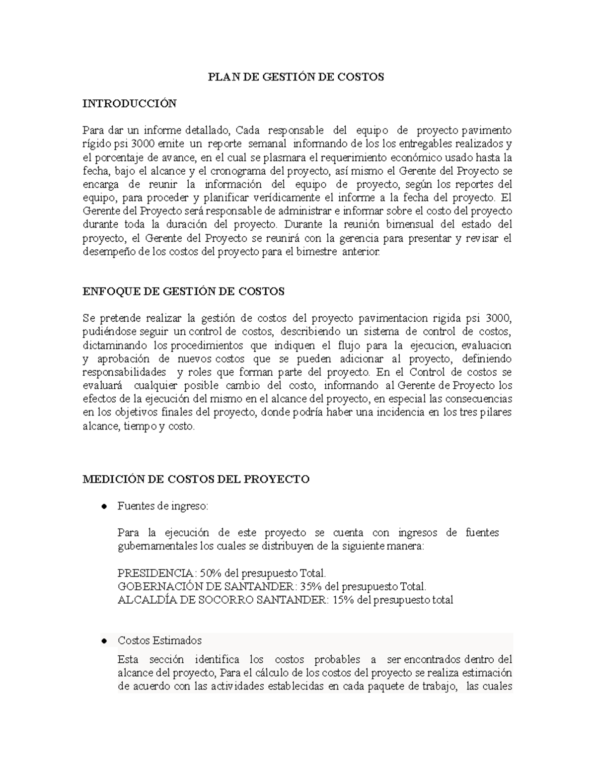 PLAN DE Gestión DE Costos versión 2 - PLAN DE GESTIÓN DE COSTOS ...
