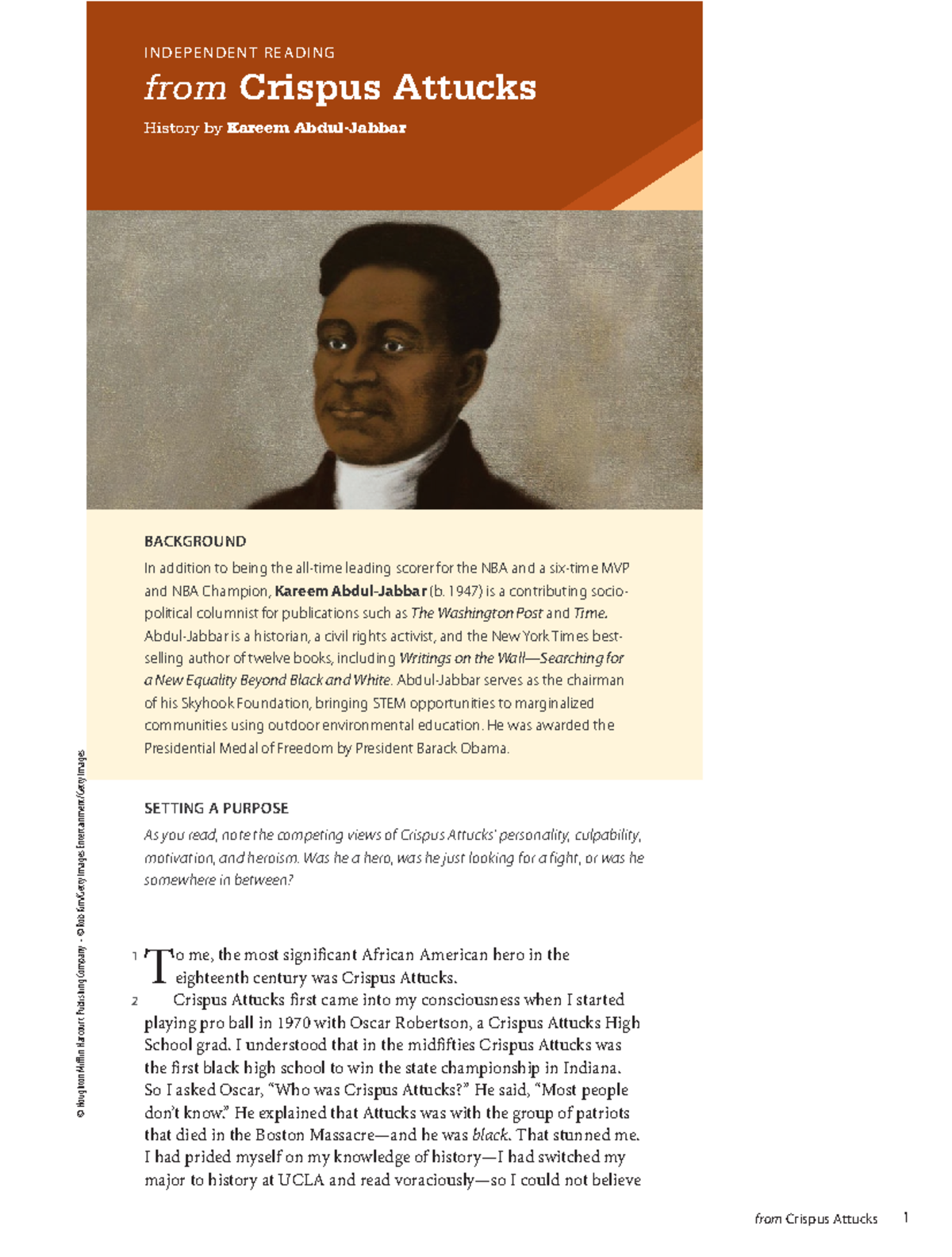 Crispus+Attucks +text - INDEPENDENT READING © Houghton Mifflin Harcourt ...