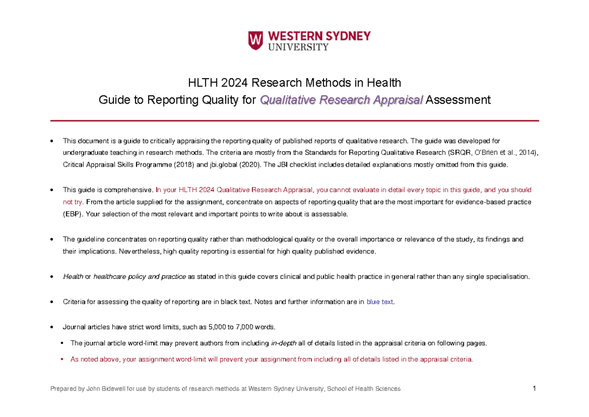 Reporting guide qualitative HLTH2024 - Prepared by John Bidewell for ...