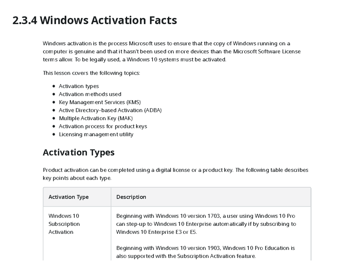 2.3.4 Windows Activation Facts - 2.3 Windows Activation Facts Windows ...