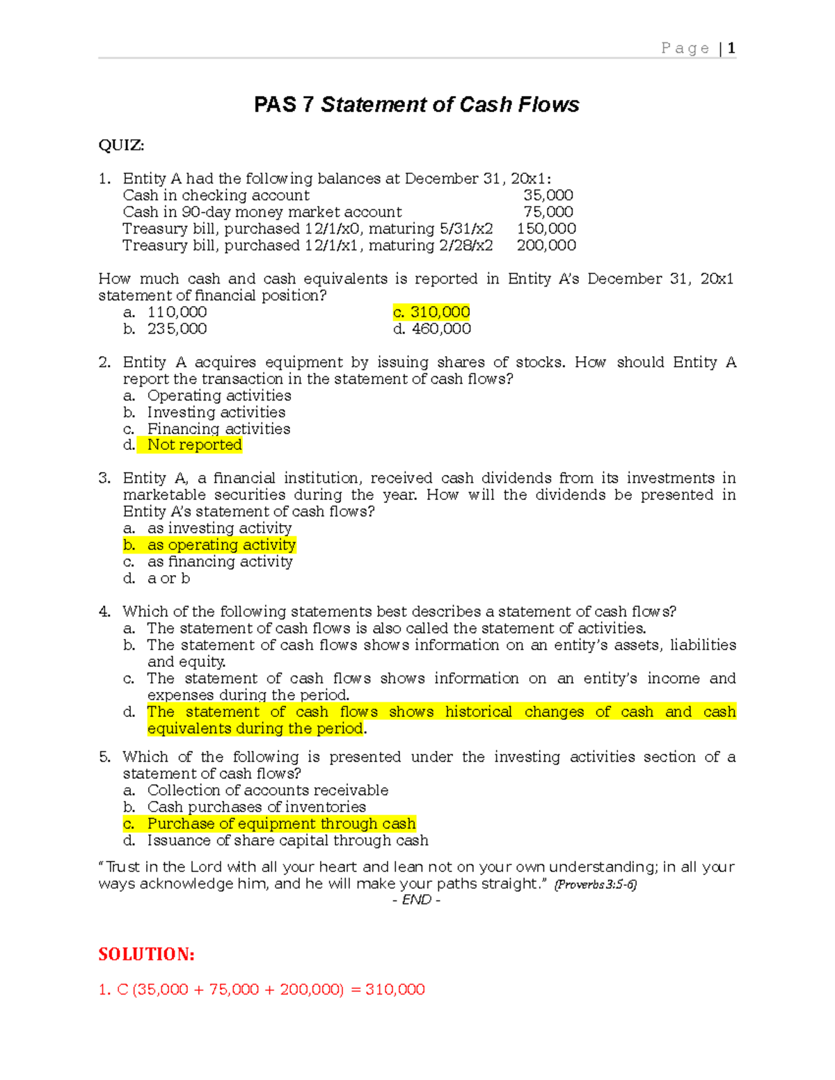 QUIZ PAS 7 Statement OF CASH Flows - P a g e | 1 PAS 7 Statement of ...