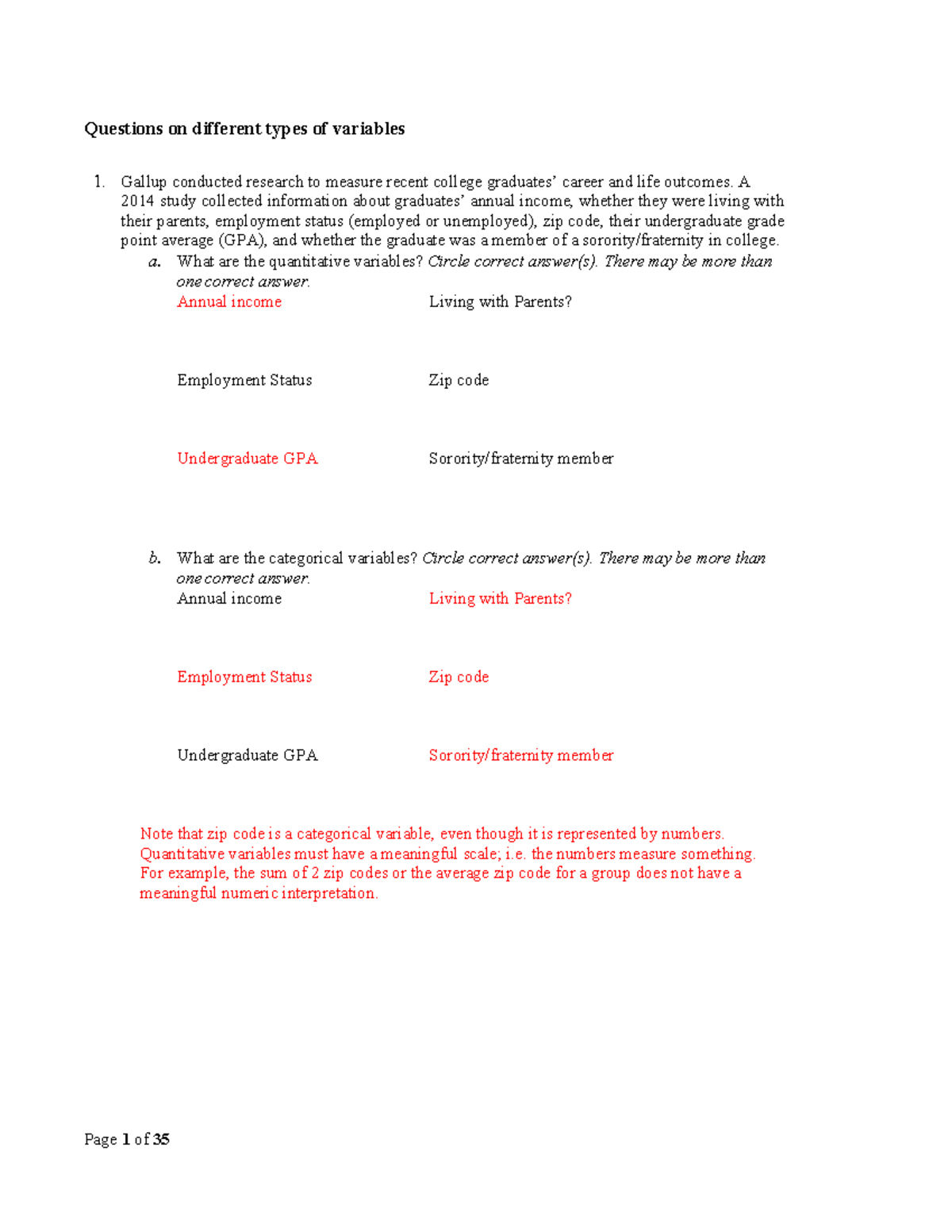 STAT100 Fall 19 Final Exam Practice Problems Answers - Questions on different types of variables ...