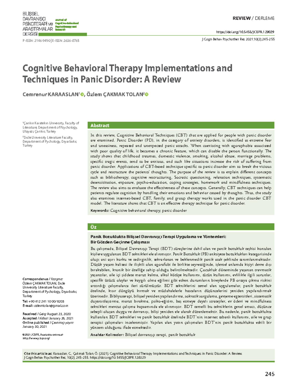 Reading week 4 CBT - 245 J Cogn Behav Psychother Res 2021;10(2),245 ...