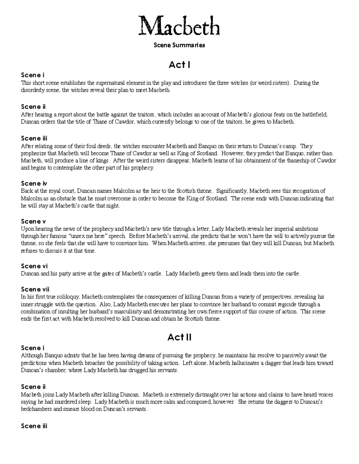 Macbeth Scene Summaries for all scenes. - Macbeth Scene Summaries Act I ...