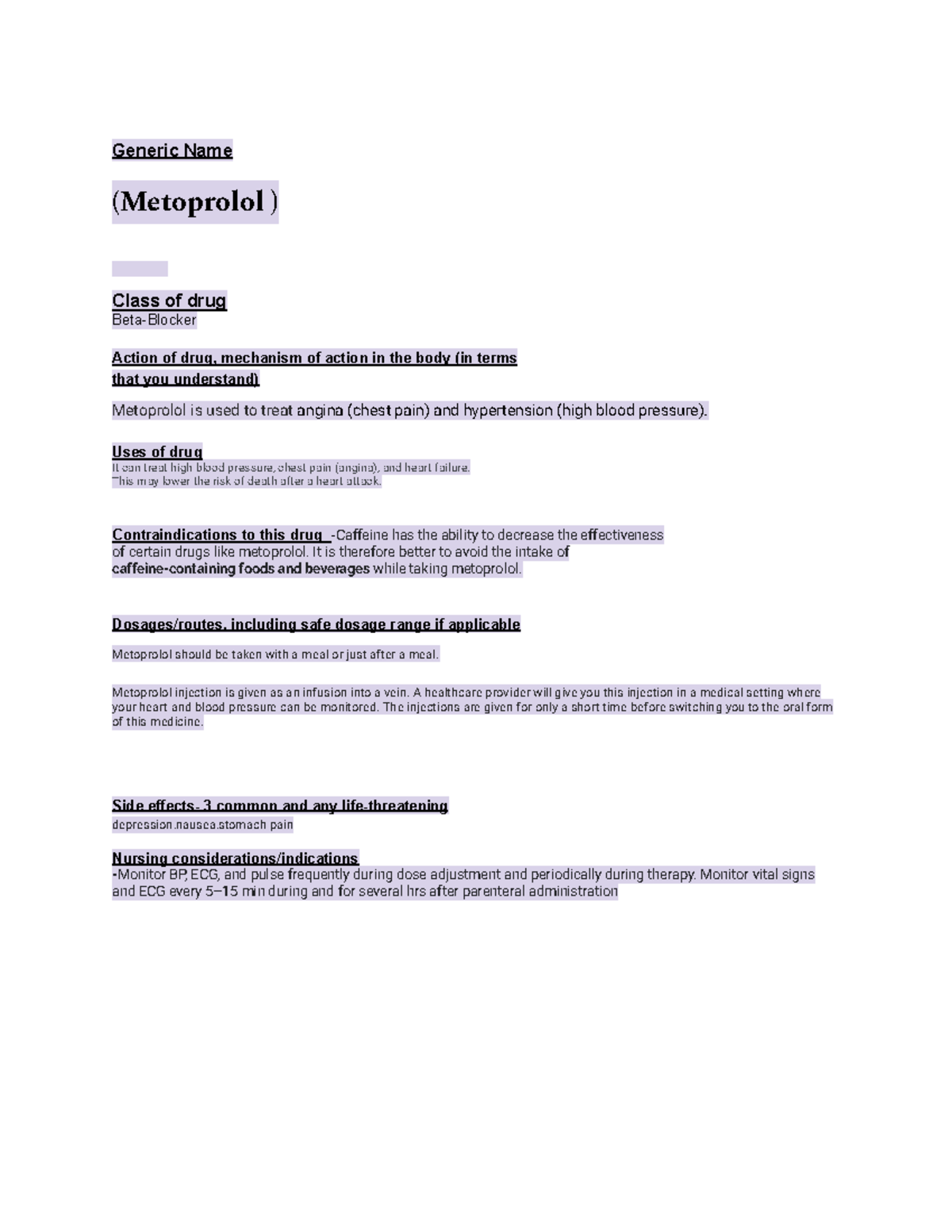 Generic Name - Google Docs - Generic Name (Metoprolol ) Class of drug ...