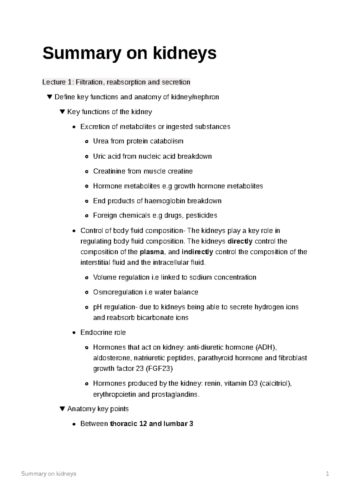 Summary on kidneys physiology - Summary on kidneys Lecture 1 ...