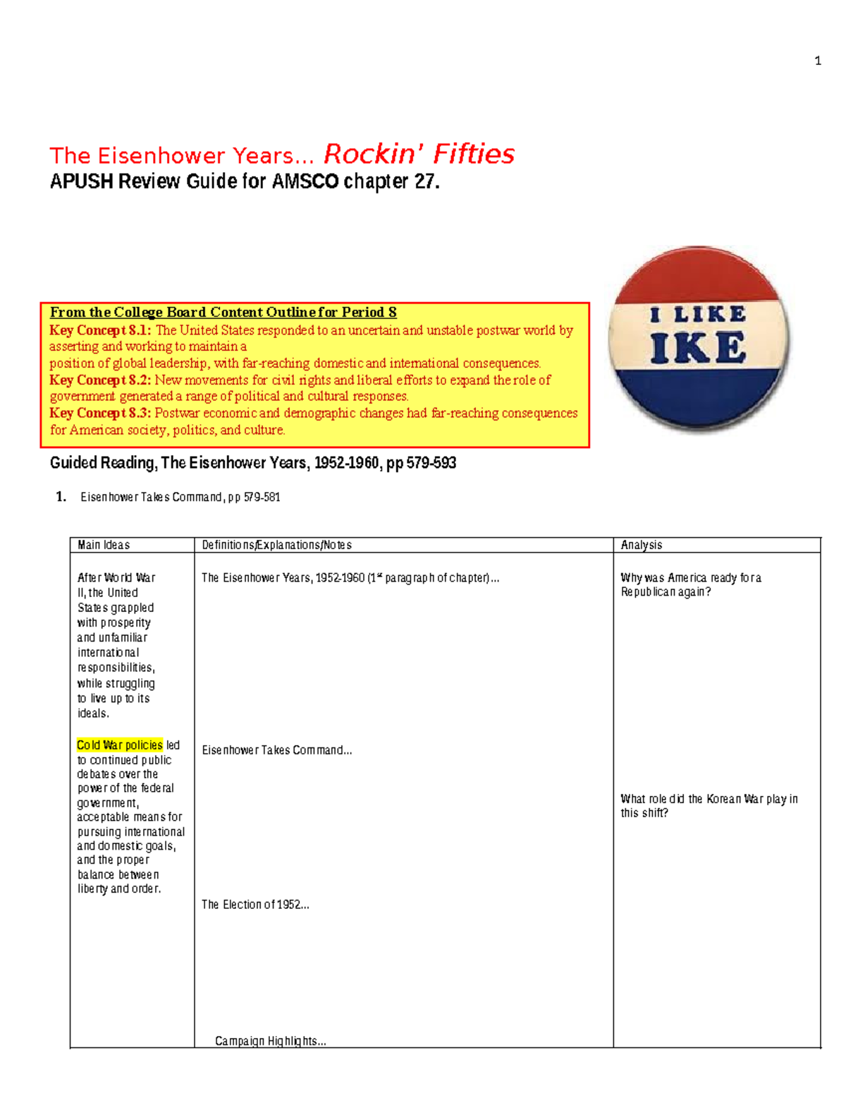 Ch27 Guided Reading Notes - The Eisenhower Years... Rockin’ Fifties ...