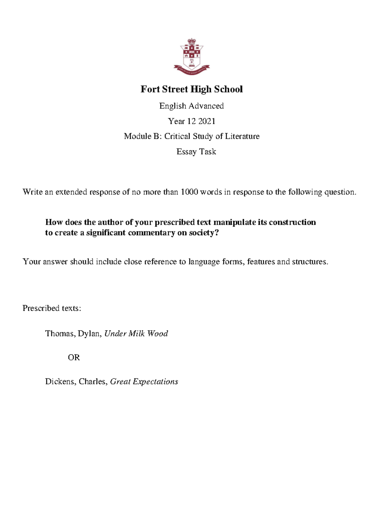 2021 Alternate Trial 2 English Advanced MOD B Question - Fort Street ...