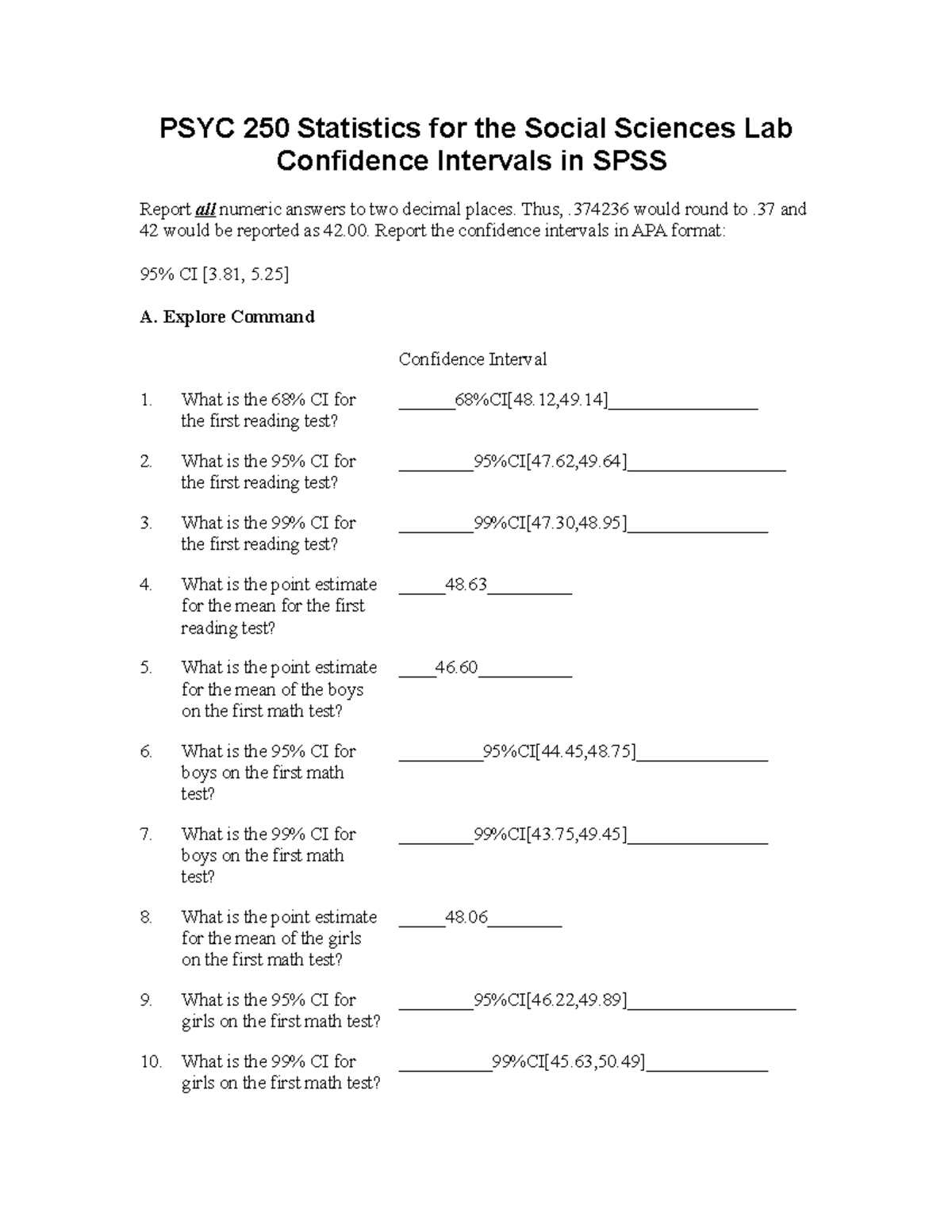 SPSS Assignment Confidence Intervals Answer Sheet - PSYC 250 Statistics ...