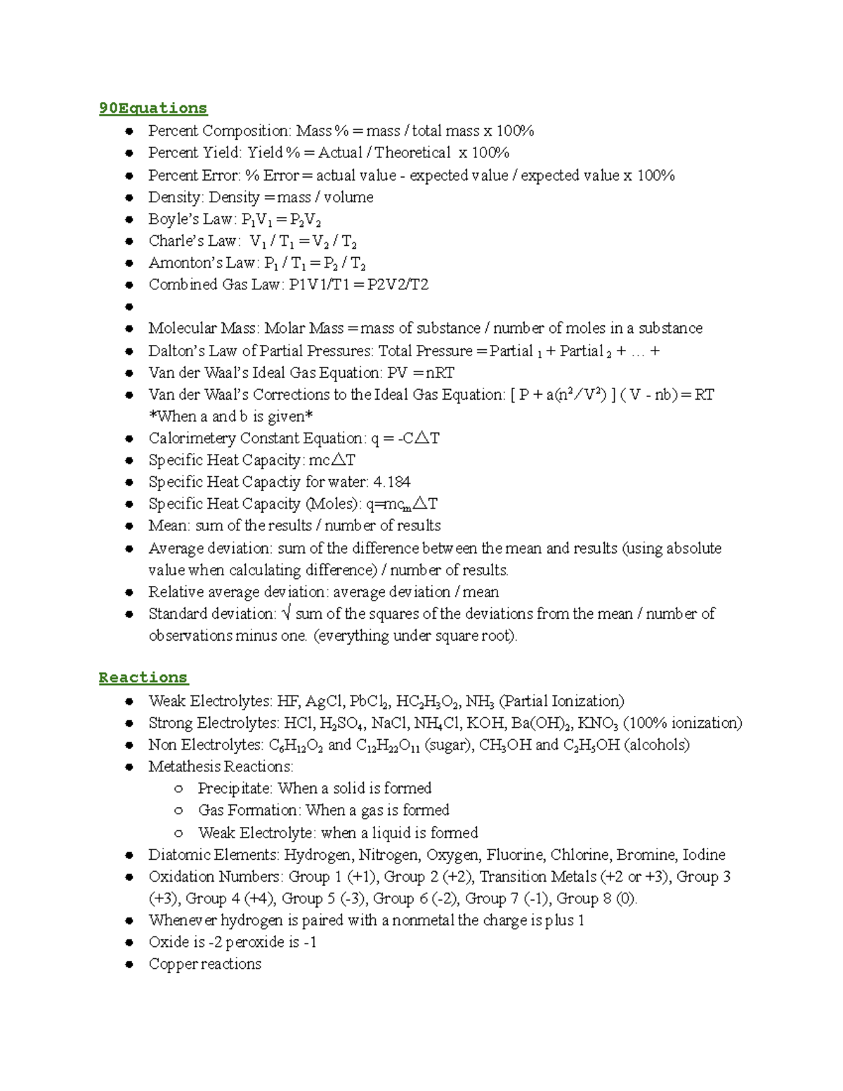 Chemistry Lab Equations Finals - 90Equations Percent Composition: Mass ...