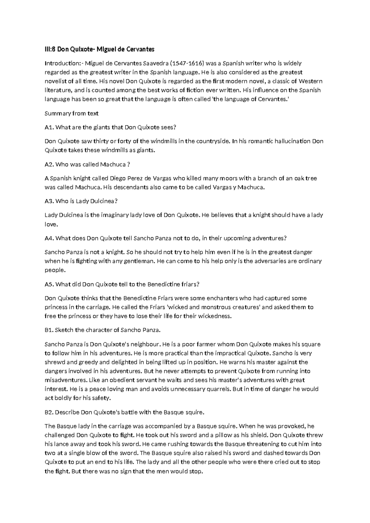 Quixote - Important chapter summary - III:8 Don Quixote- Miguel de ...