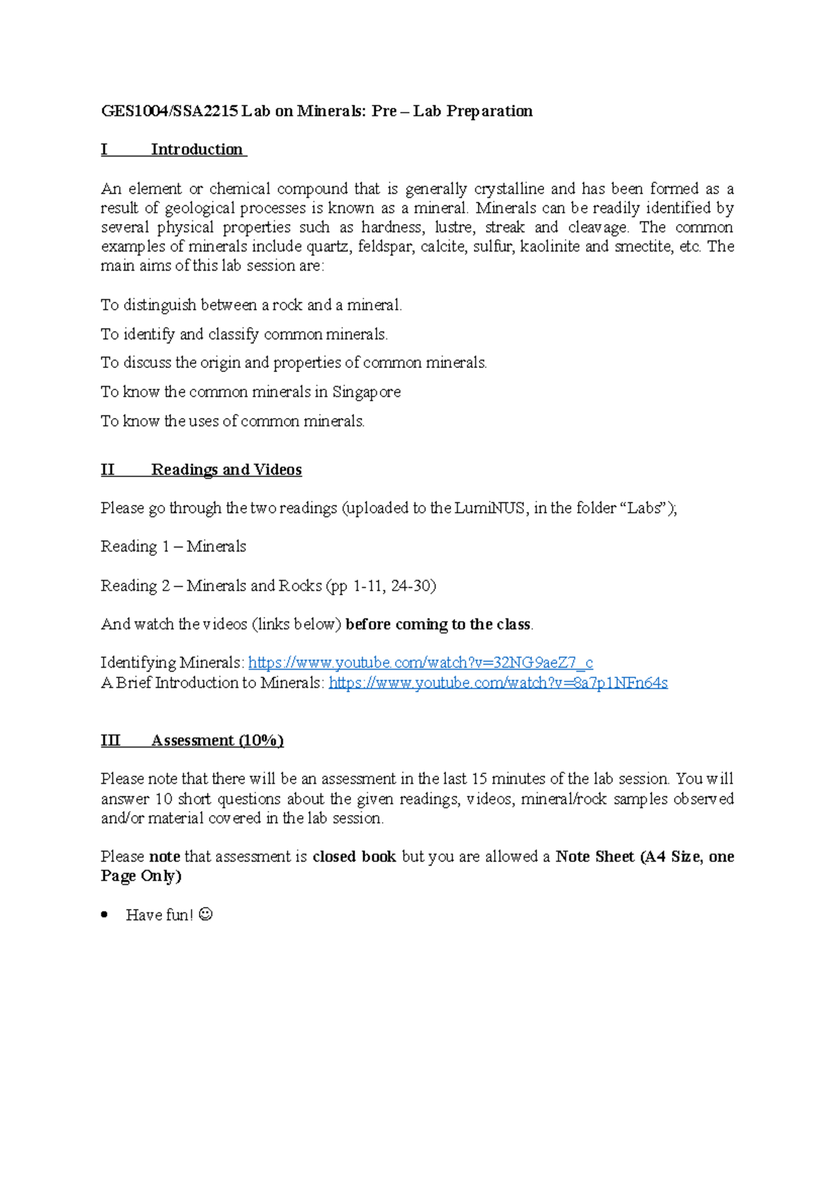 Handout - Lab Minerals - lab - GES1004/SSA2215 Lab on Minerals: Pre ...