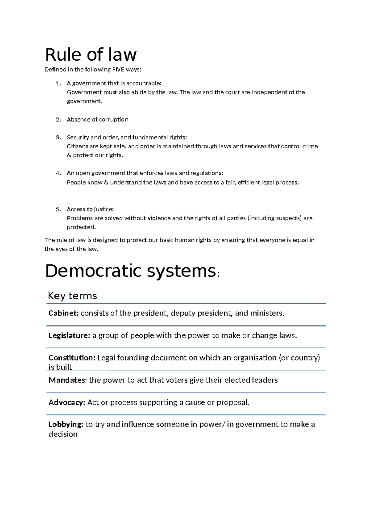 LO TERM 1 - Lo grade 12 notes - Rule of law Defined in the following ...