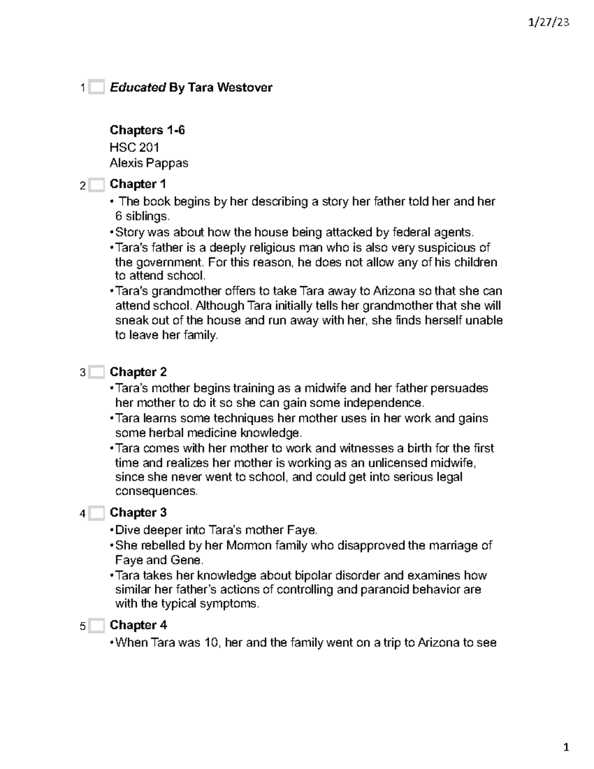 Ch 1-6 - Dr. Key HSC 201 - Educated - 1/27/ 1 Educated By Tara Westover ...