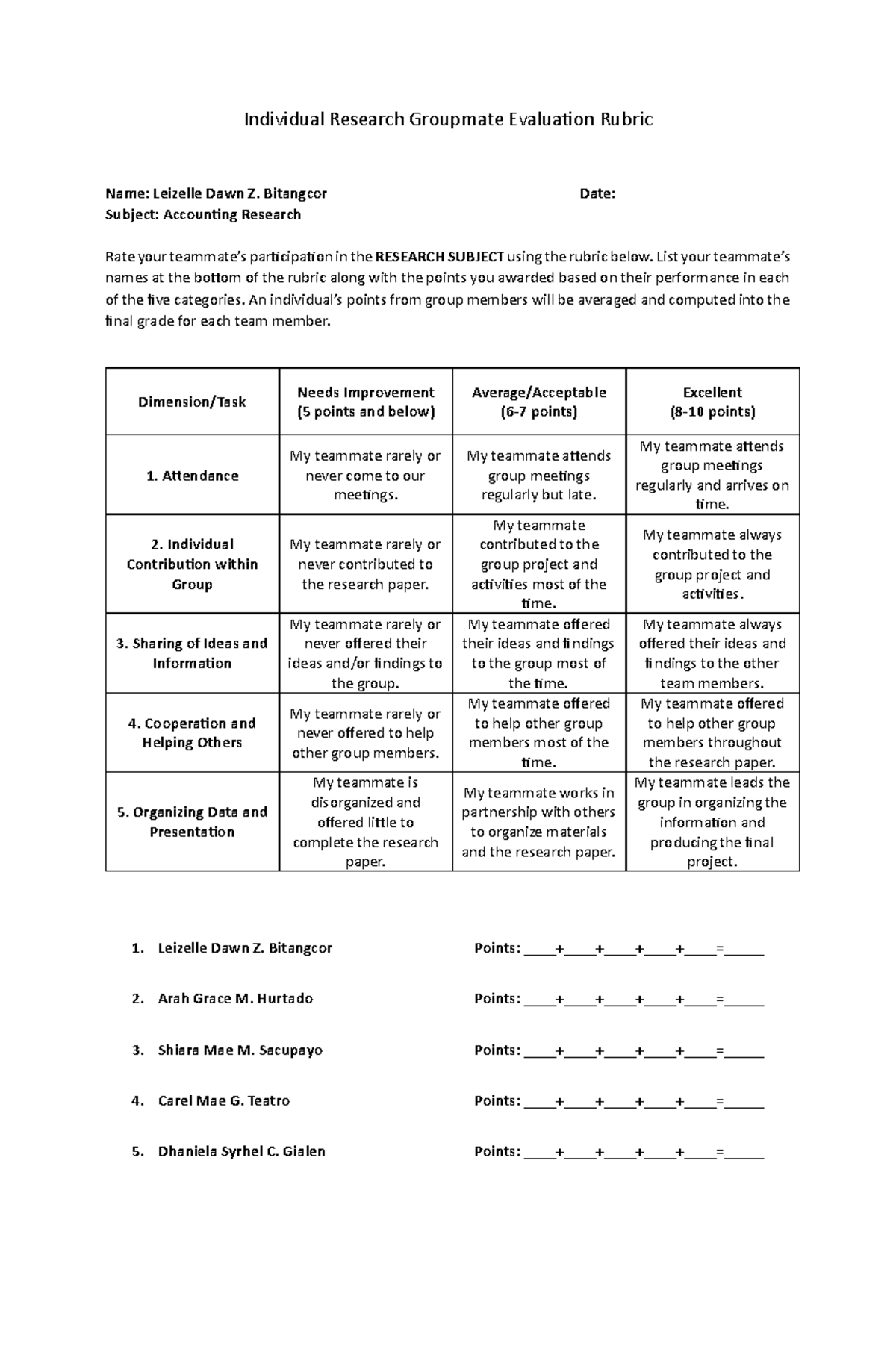 Research Groupmate Evaluation Rubric - Bitangcor Date: Subject ...