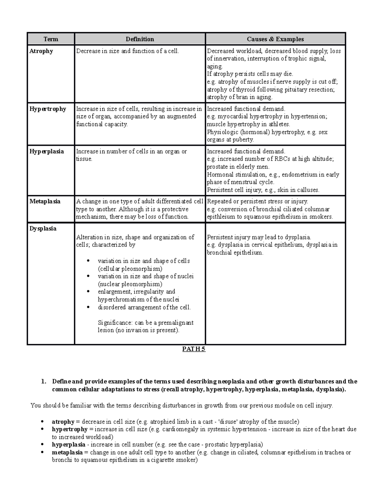Module 5 - Term Definition Causes & Examples Atrophy Decrease in size ...