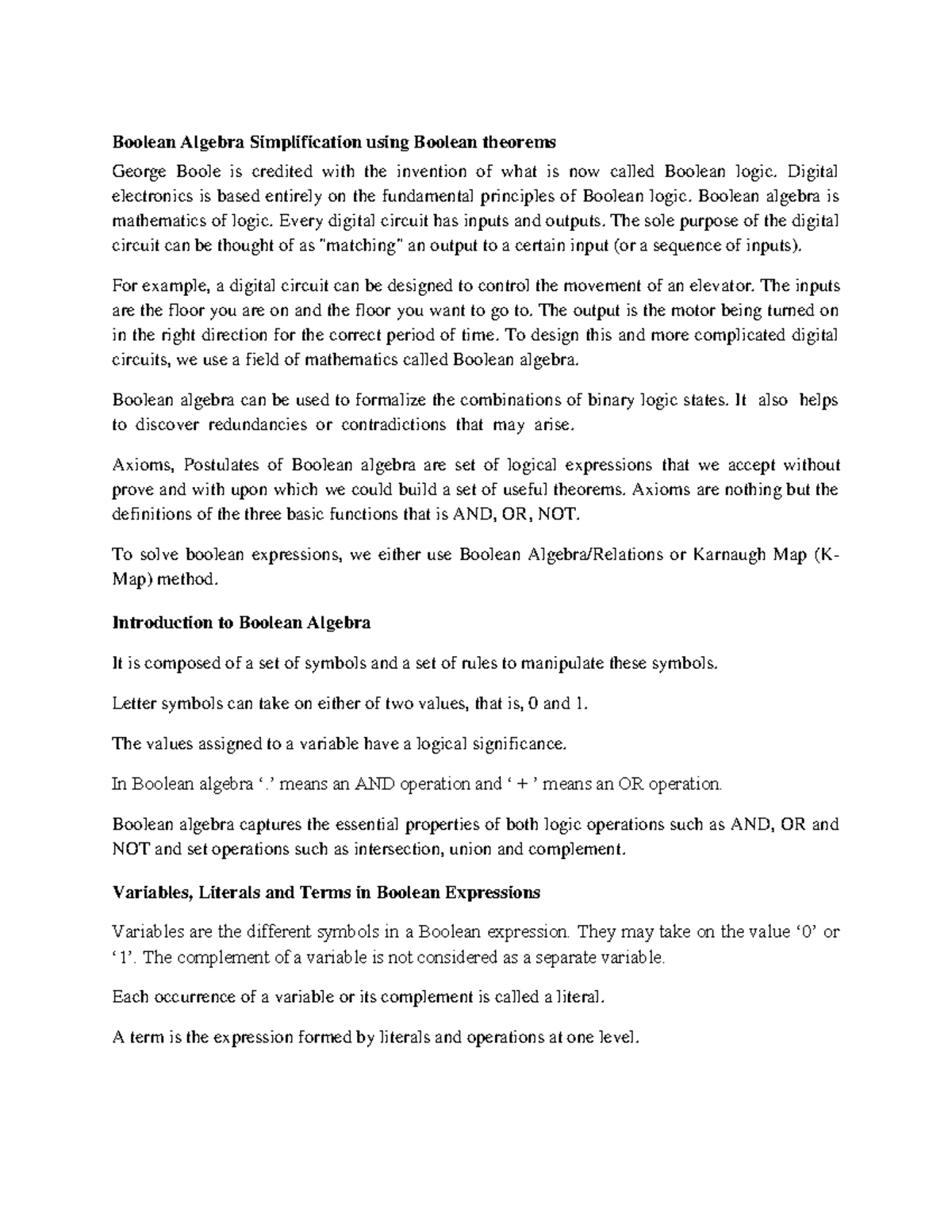 Boolean Algebra Simplification Using Boolean Theorems Digital Electronics Is Based Entirely On