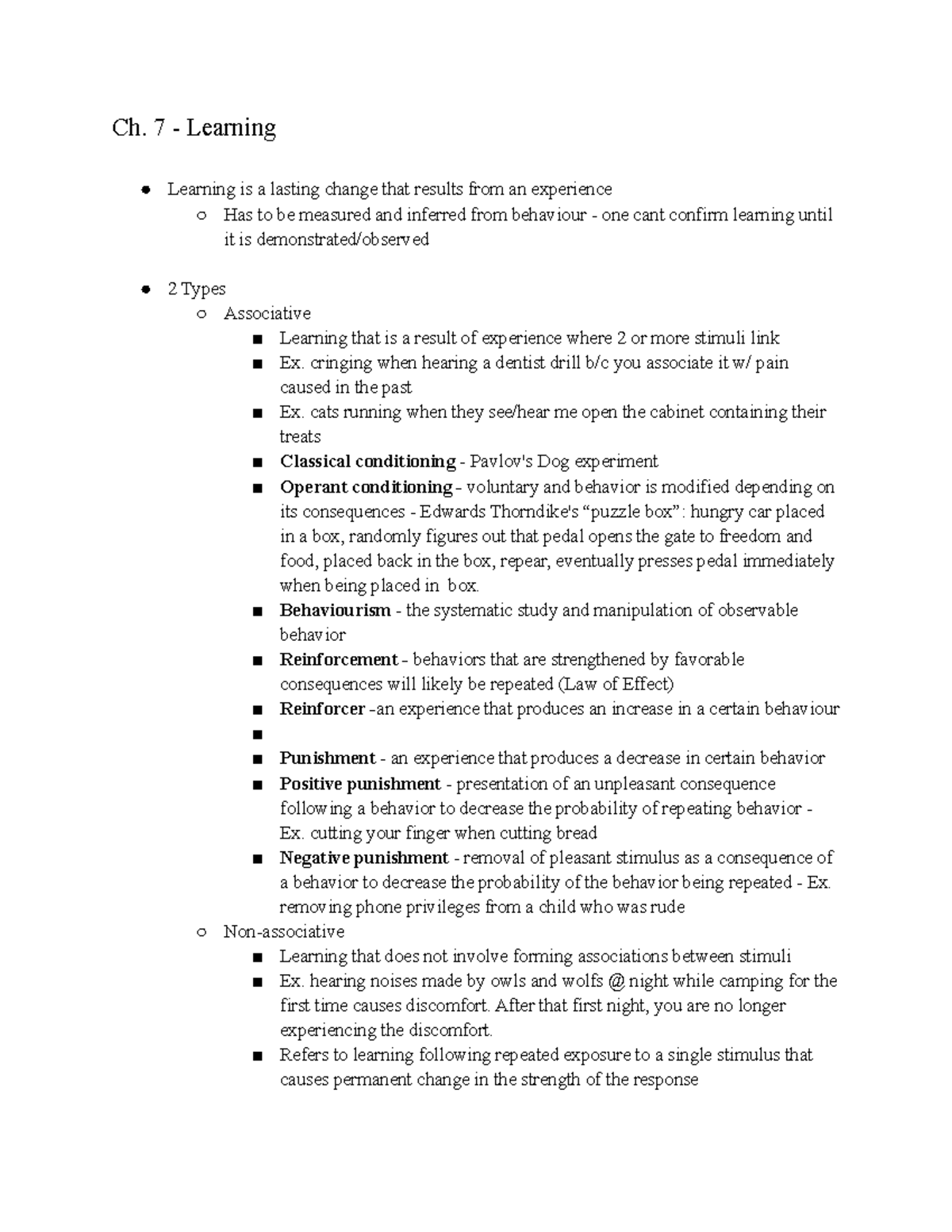 PS 101 Midterm 2 Notes - Ch. 7 - Learning Learning is a lasting change ...