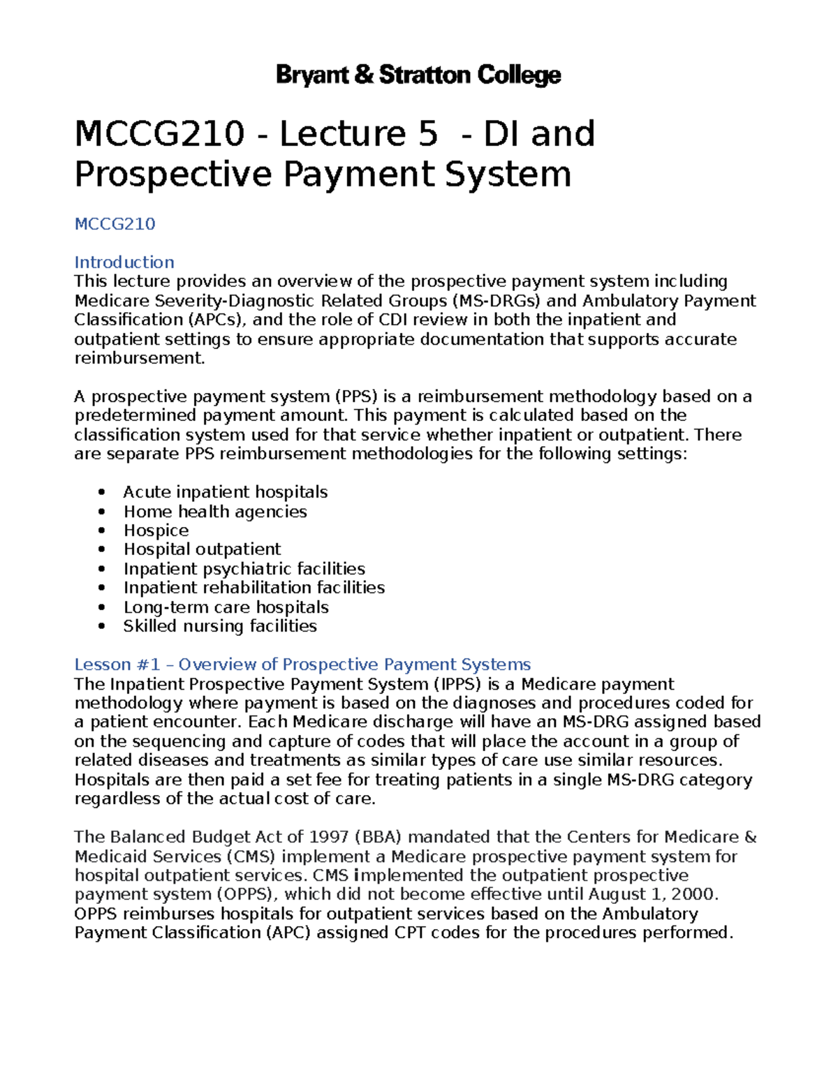 MCCG210 - Lecture 5 - Prospective Payment Systems - MCCG210 - Lecture 5 - DI and Prospective ...