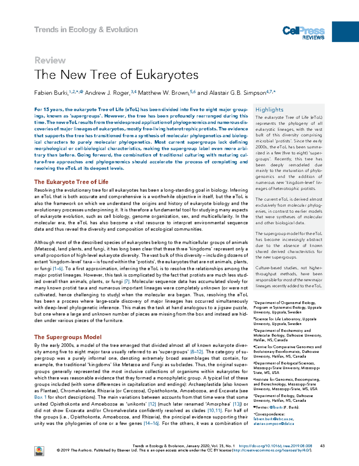 Burki Etal - leer - Review The New Tree of Eukaryotes Fabien Burki, 1,2 ...