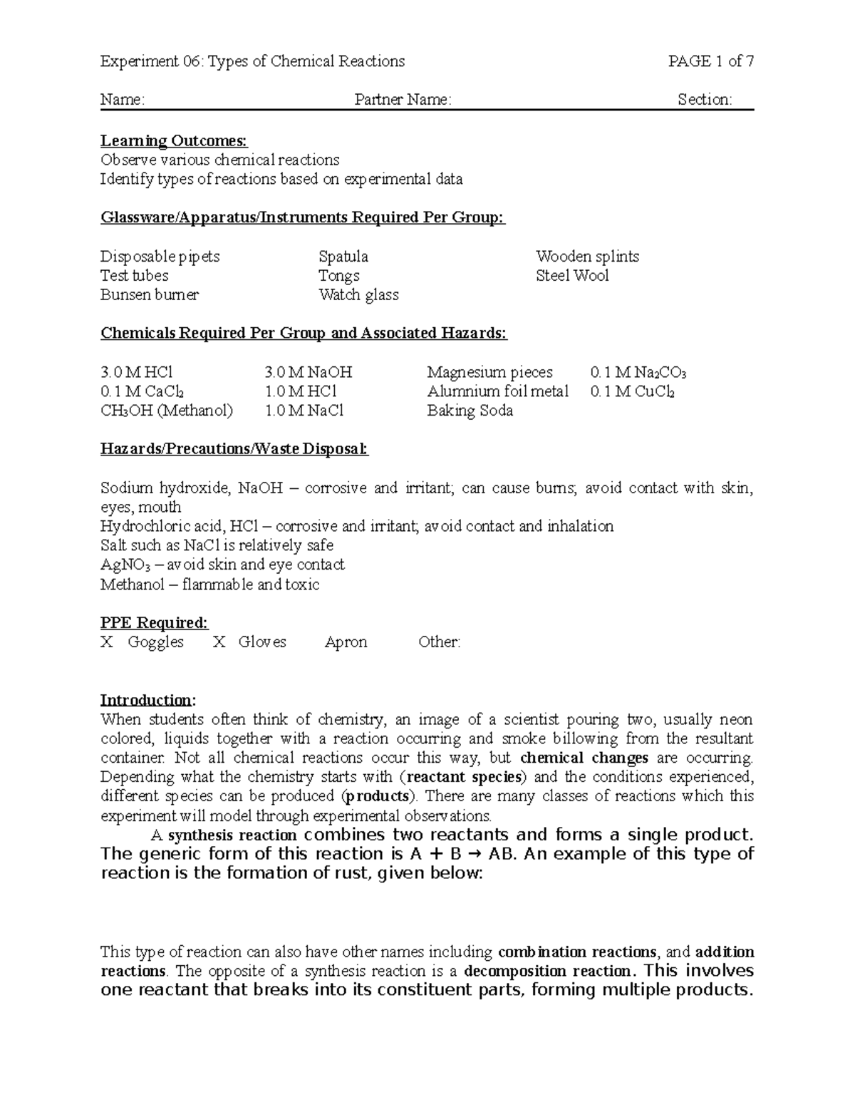 Lab 6 - lab six done in class - Name: Partner Name: Section: Learning Outcomes: Observe various ...