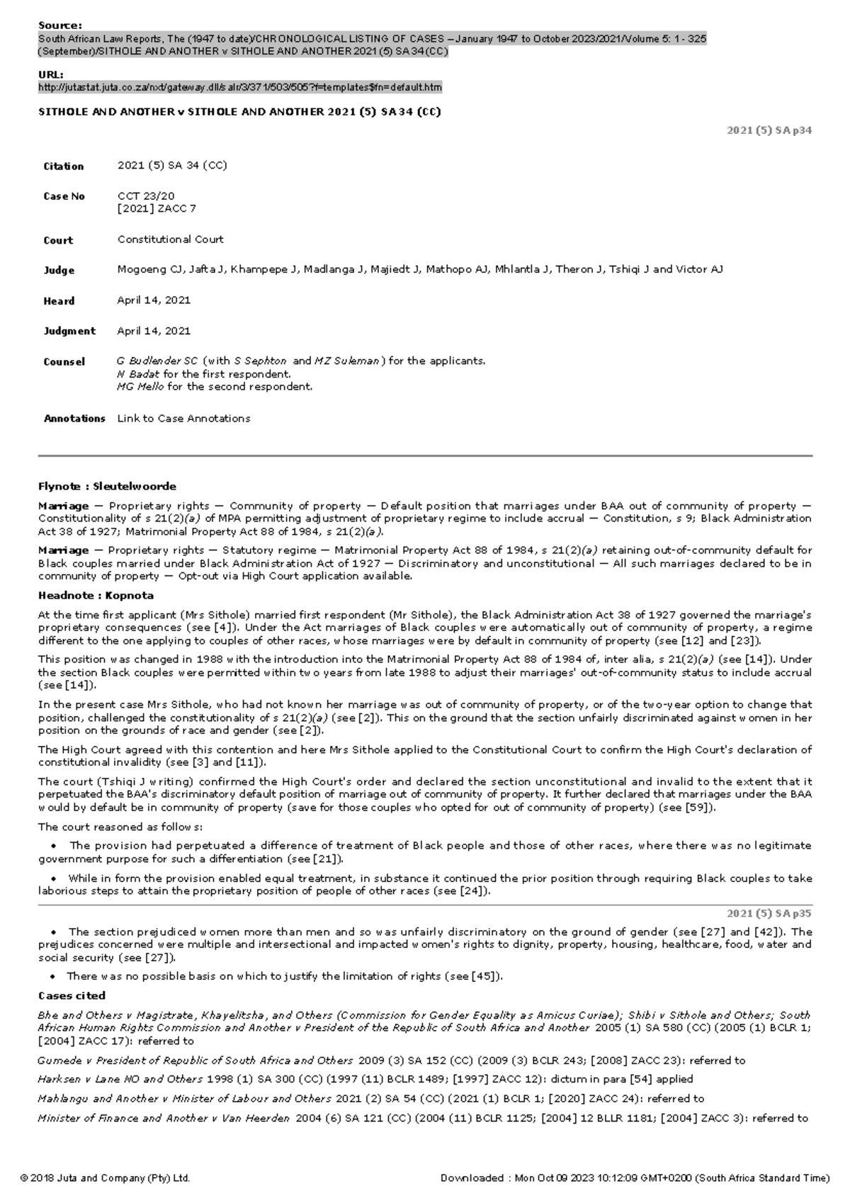 Sithole AND Another v Sithole AND Another 2021 (5) SA 34 (CC) - Source ...