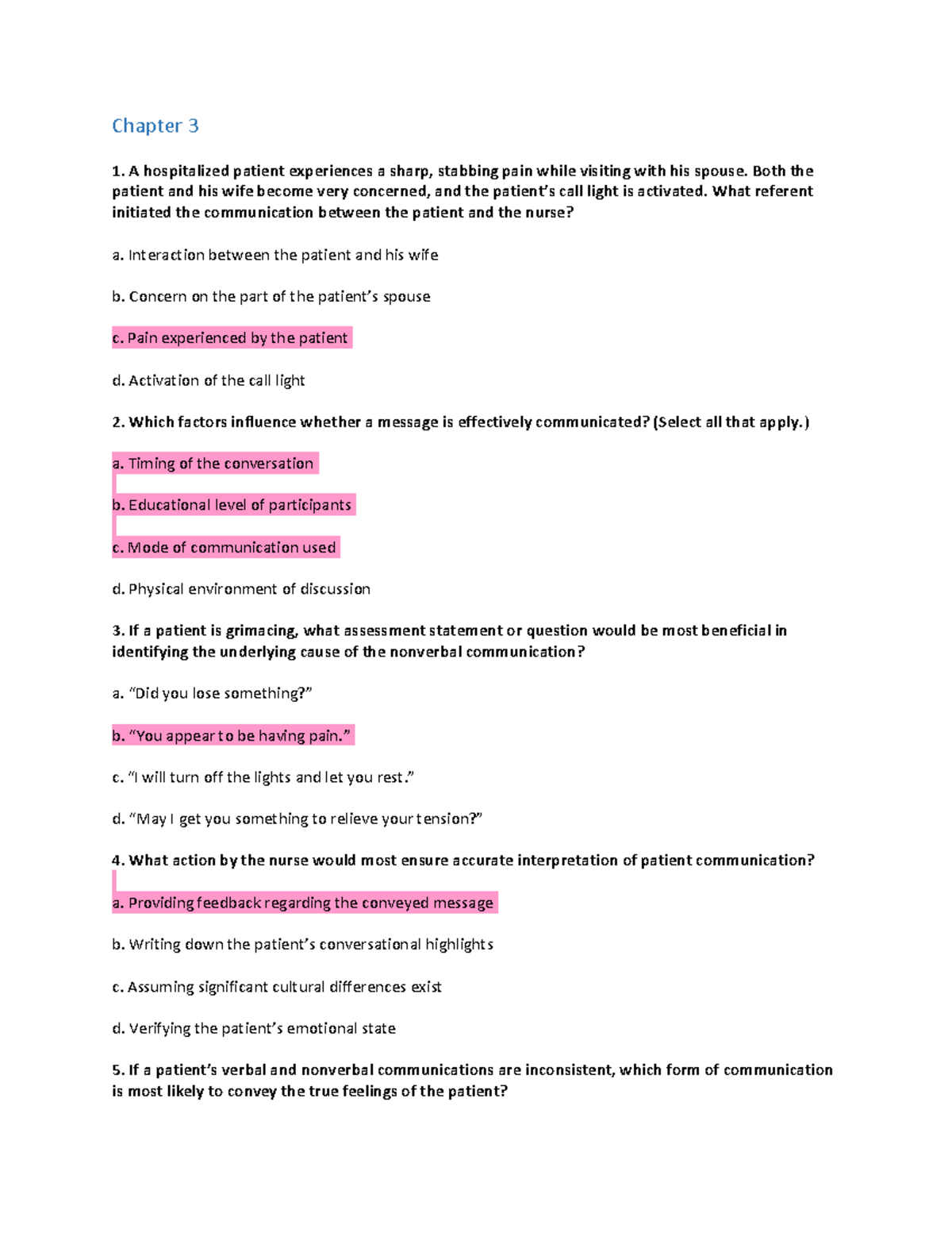 Chapter 3 - Yoost practice questions week 3 - Chapter 3 A hospitalized ...