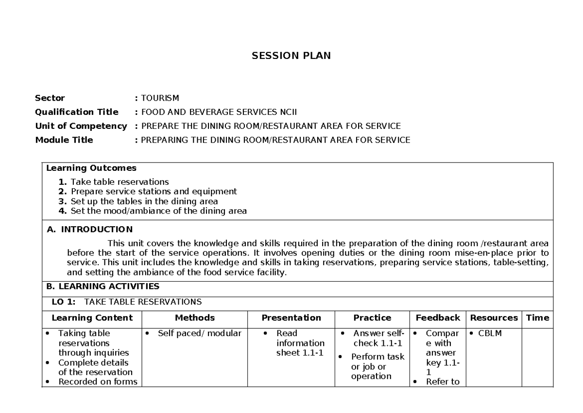 TM Session Plan - SESSION PLAN Sector : TOURISM Qualification Title ...