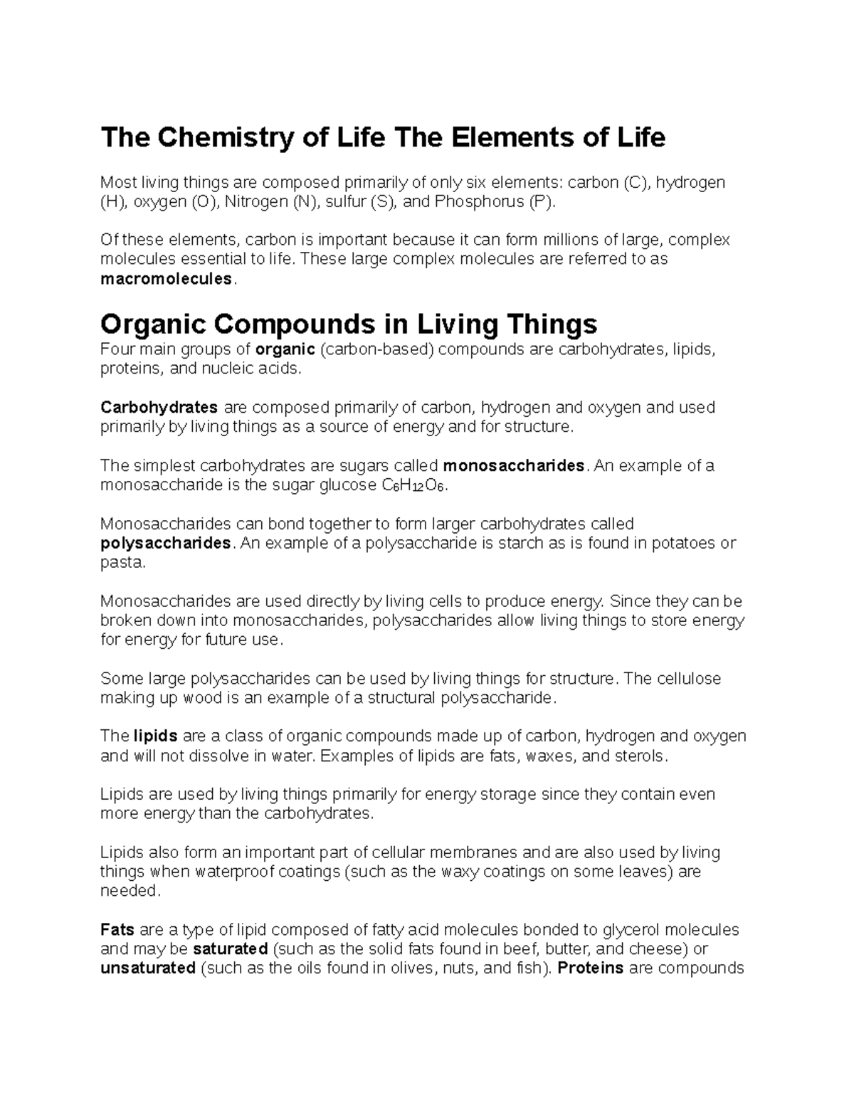 The Chemistry of Life The Elements of Life - Of these elements, carbon ...