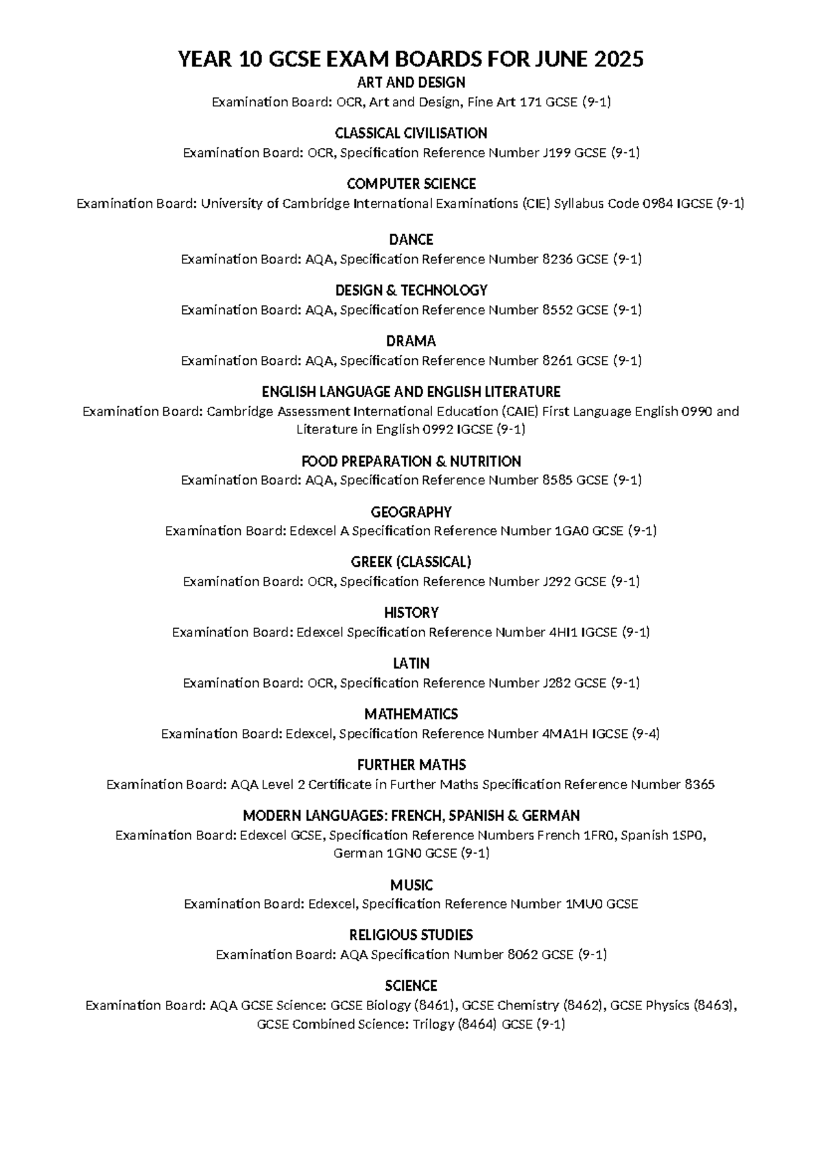 Exam boards for current Y10 - YEAR 10 GCSE EXAM BOARDS FOR JUNE 2025 ...