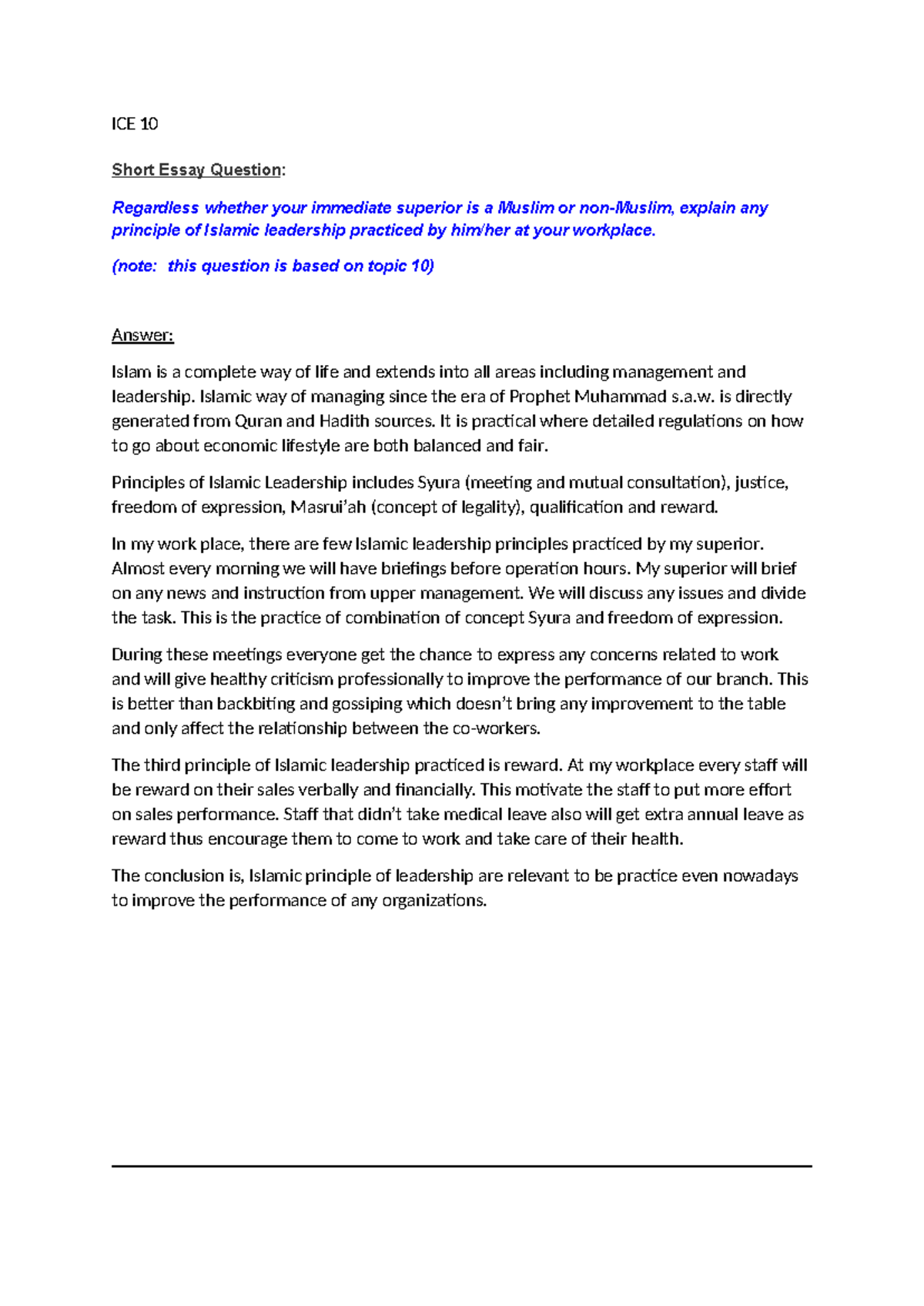 MGT162 - principle of Islamic leadership - ICE 10 Short Essay Question ...