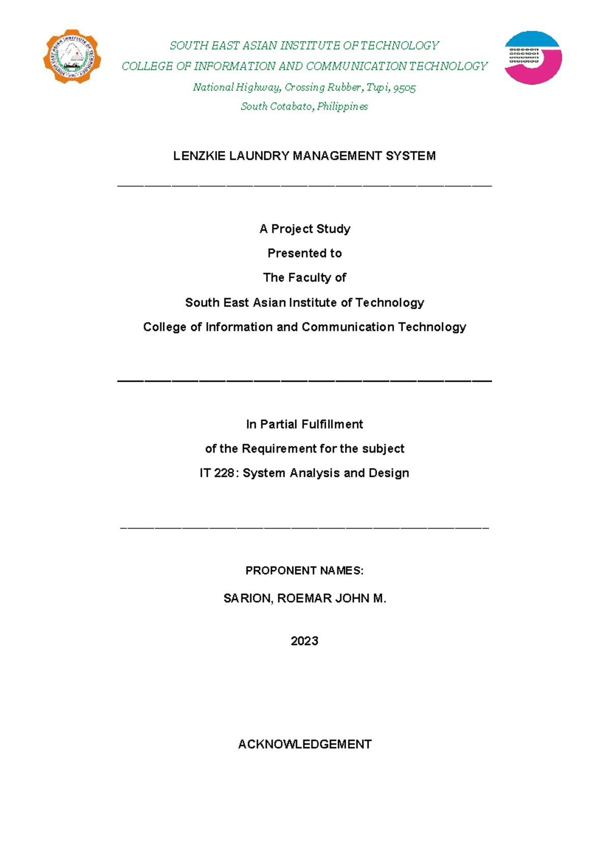 Laundry Management System Final Documentation - COLLEGE OF INFORMATION ...
